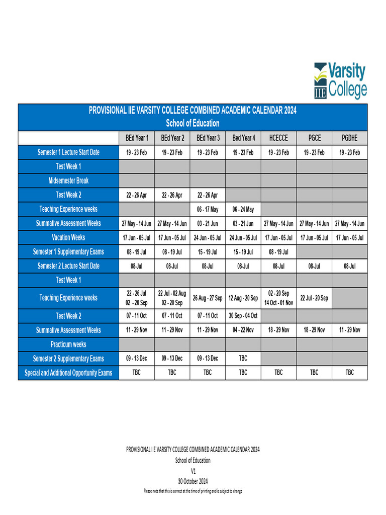 Iievc School of Education Provisional Combined Academic Calendar 2024 ...