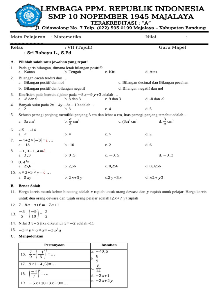 Soal PSTS Matematika S1 Kelas 7 (2024) | PDF