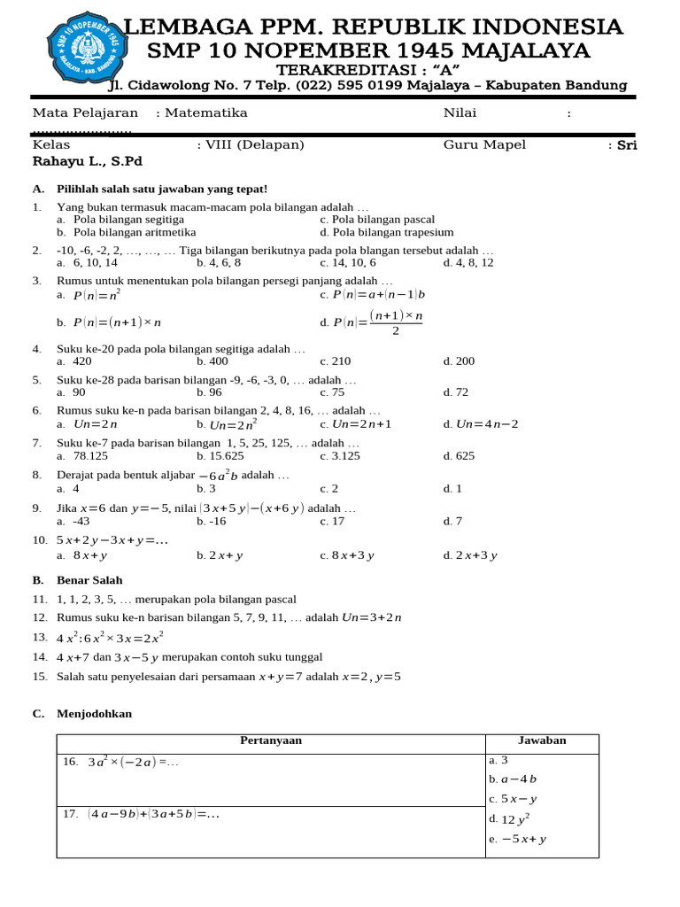 Soal PSTS Matematika S1 Kelas 8 (2024) | PDF