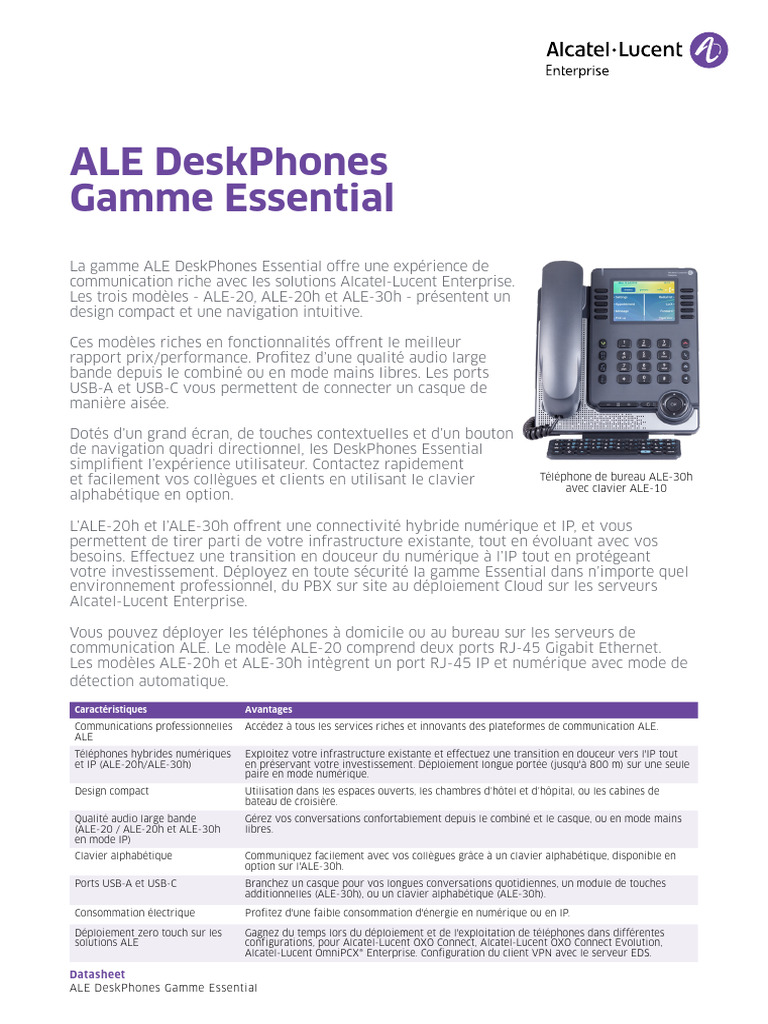 Alcatel-Lucent Gamme Essential - Fiche Technique ALE 30H + 10 | PDF