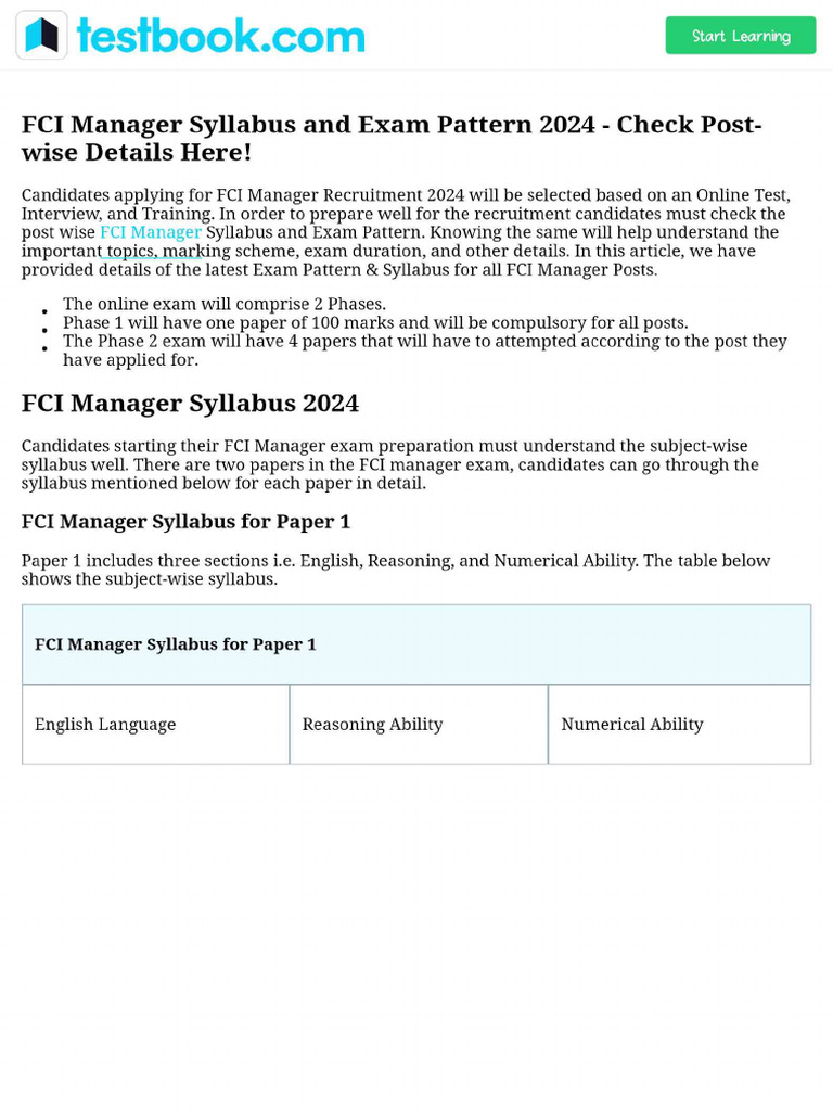 FCI Manager Syllabus and Exam Pattern 2024 - Check Post-Wise Details ...
