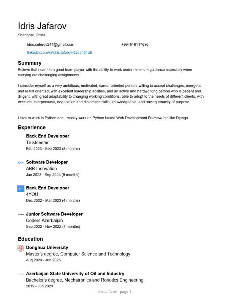 Resume Idris Jafarov | PDF