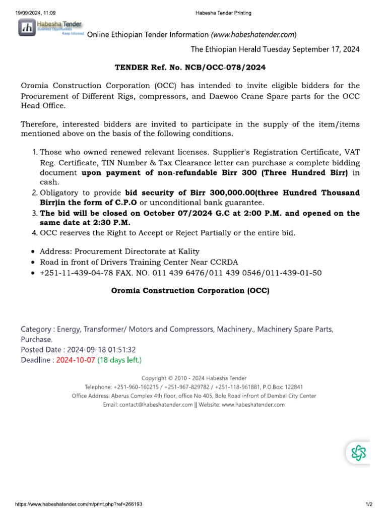 Oromia construction corporation OCC tender | PDF