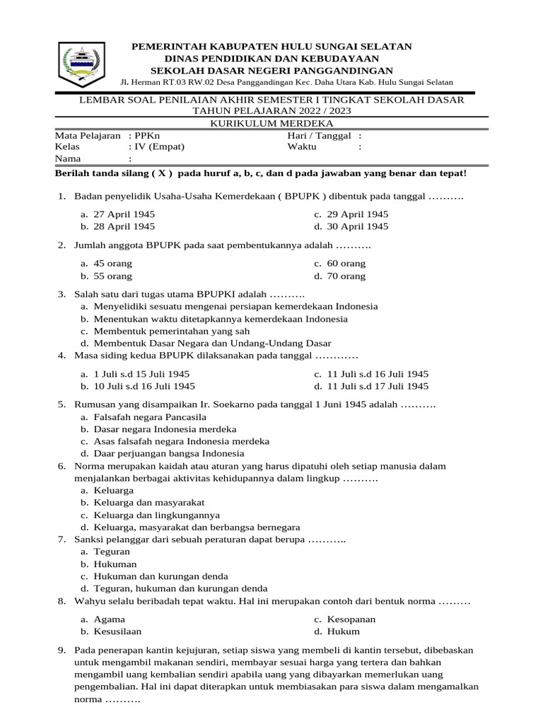 SOAL PAS PPKN Kelas IV | PDF