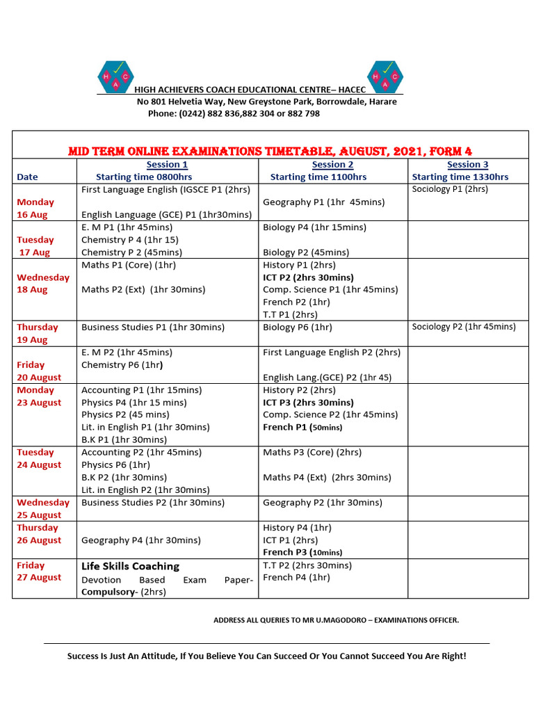 2021-Form 4-Mid Term Exam Timetable | PDF