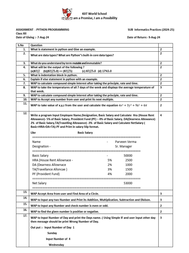 XI Assignement - 1 PythonProgramming | PDF