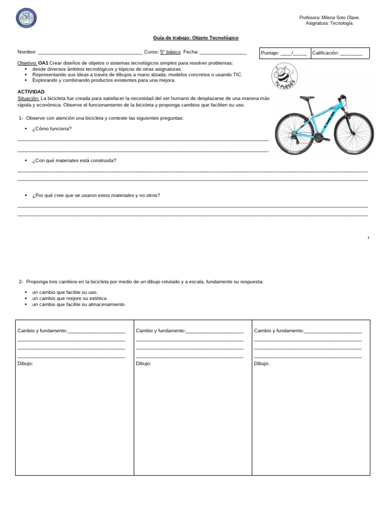 objeto tecnologico 5° básico analisis de objeto Bicicleta | PDF