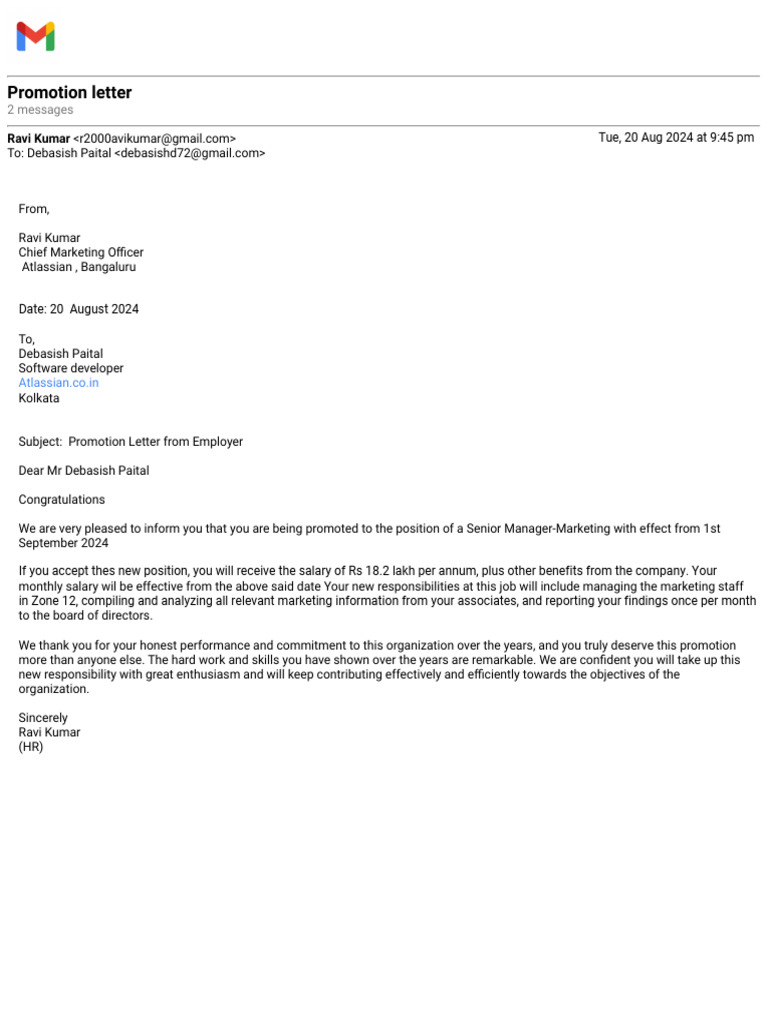 Gmail - Promotion Letter | PDF