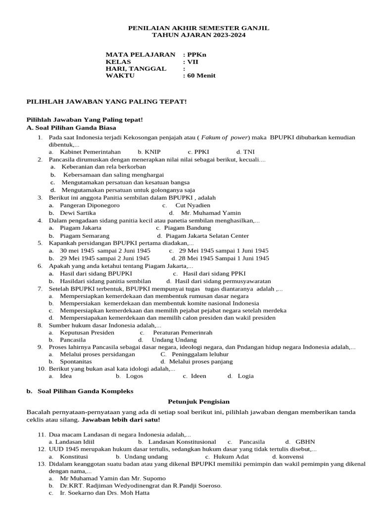 Soal Pas PPKN Kelas 7 Sem 1 Fix | PDF