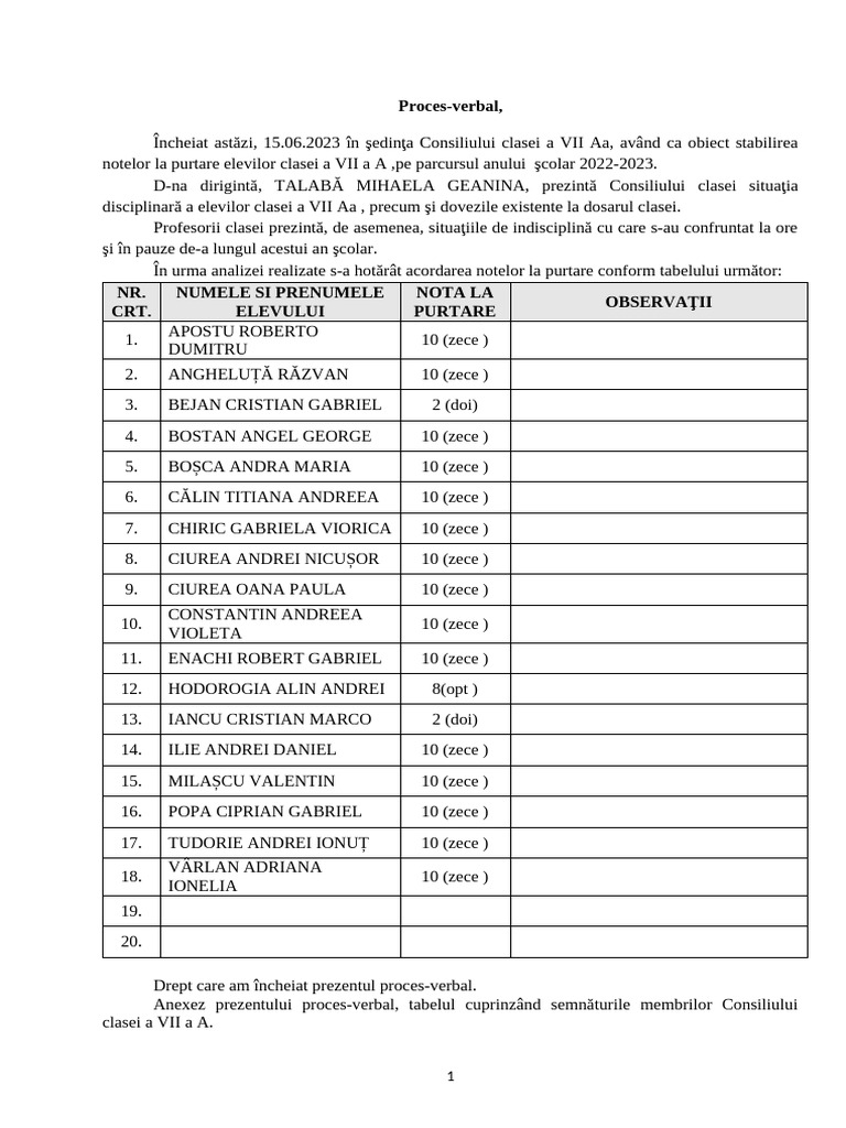 proces_verbal_note_purtare VII A | PDF