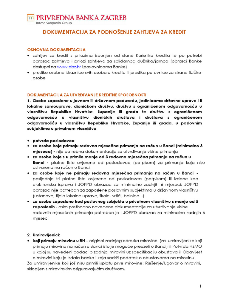 Dokumentacija Za Podnosenje Zahtjeva Za Kredit - 092024 | PDF