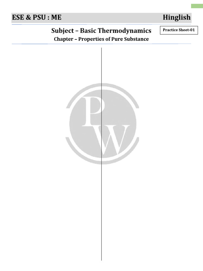 Properties of Pure Substance - Important Practice Questions (ESE) | PDF