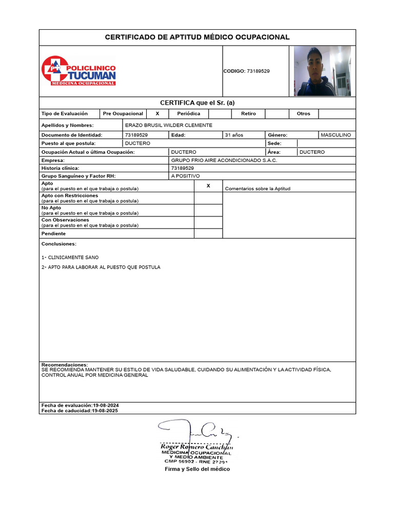 Certificado Emo Erazo Brusil Wilder Clemente Agosto 2024 | PDF