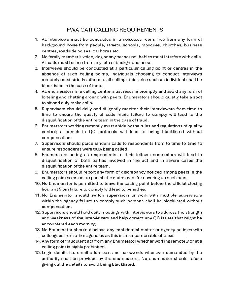 Fwa Cati Codes of Conduct | PDF