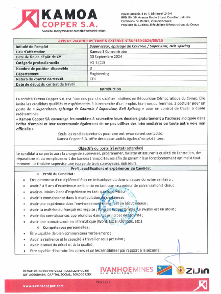 Advert N SUP130-2024!09!16 Superviseur, Epissage de Courroie | PDF