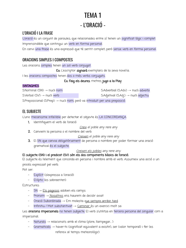 TEMA 1 - L'ORACIÓ (Complet) | PDF