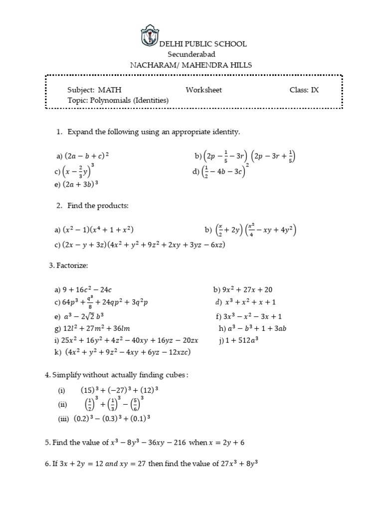 Polynomials (Identities) Worksheet | PDF