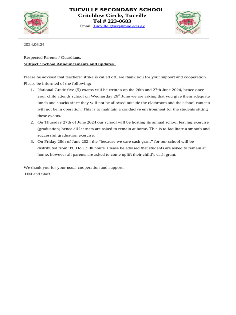 Parent Notice and Announcments | PDF