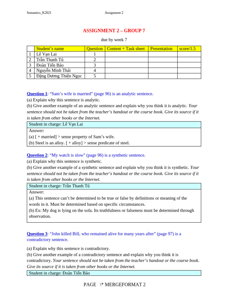 Assignment 2 (Semantics) | PDF