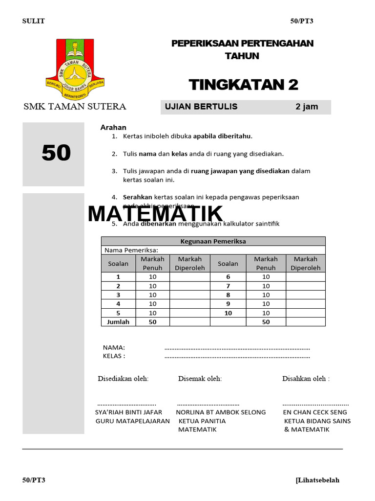 Toaz - Info Peperiksaan Pertengahan Tahun Matematik Tingkatan 2 PR | PDF