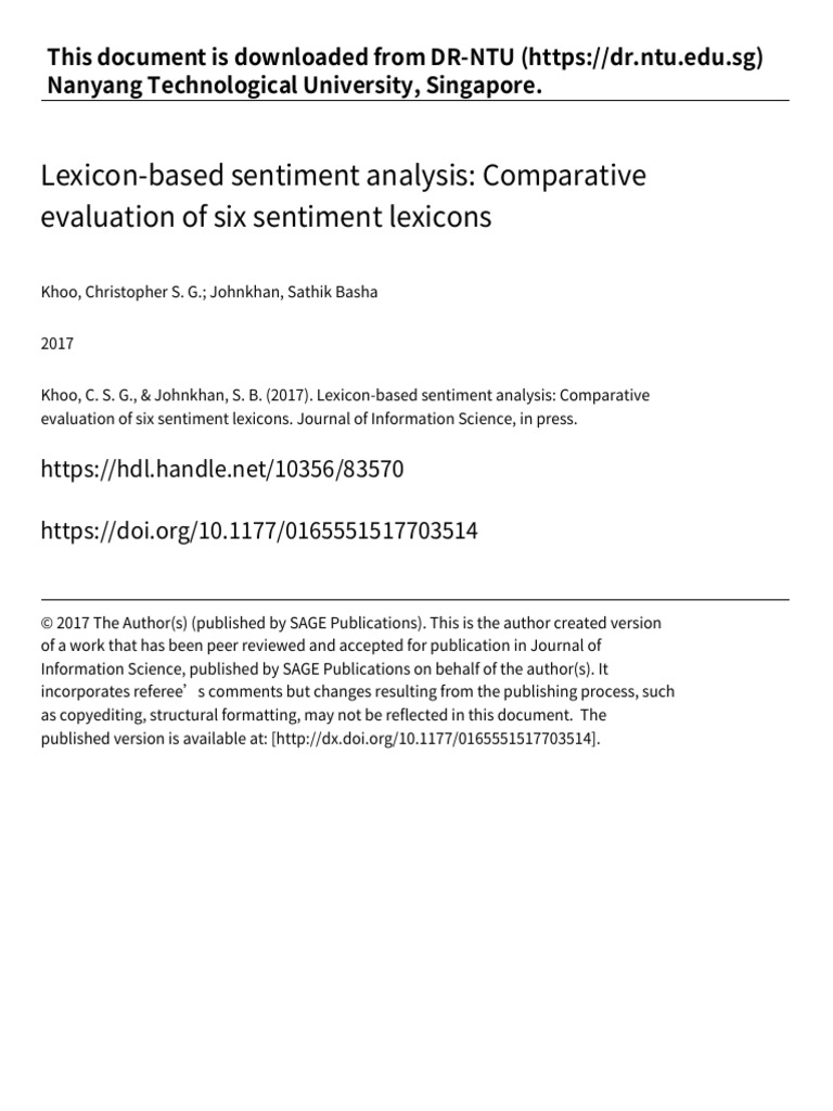 Lexicon-Based Sentiment Analysis - Comparative Evaluation of Six Sentiment Lexicons | PDF