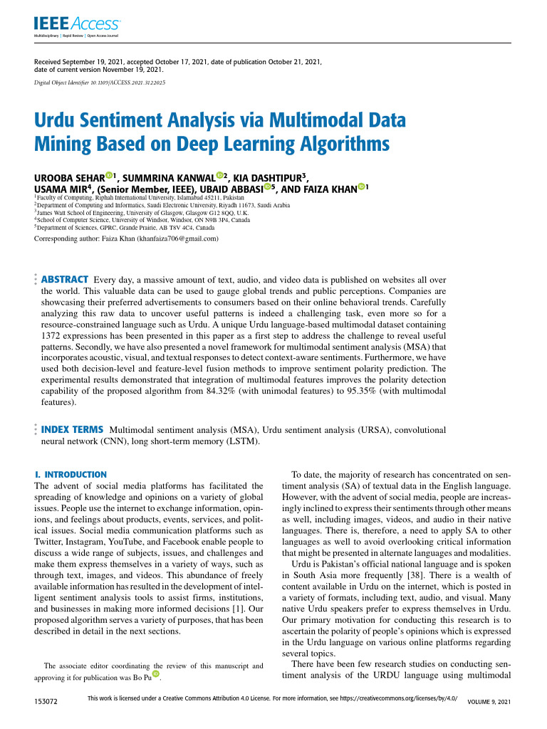 Urdu Sentiment Analysis Via Multimodal Data Mining | PDF
