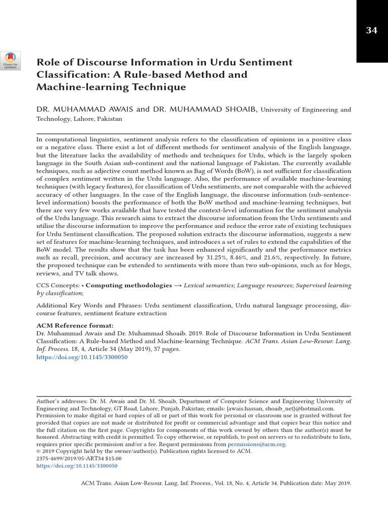 Role of Discourse Information in Urdu Sentiment Classification: A Rule-Based Method and Machine ...