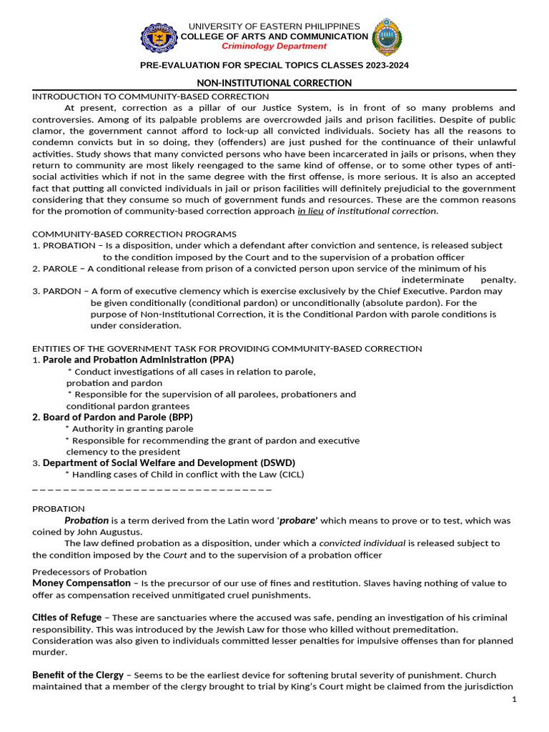 Non-Institutional Corrections Handouts | PDF