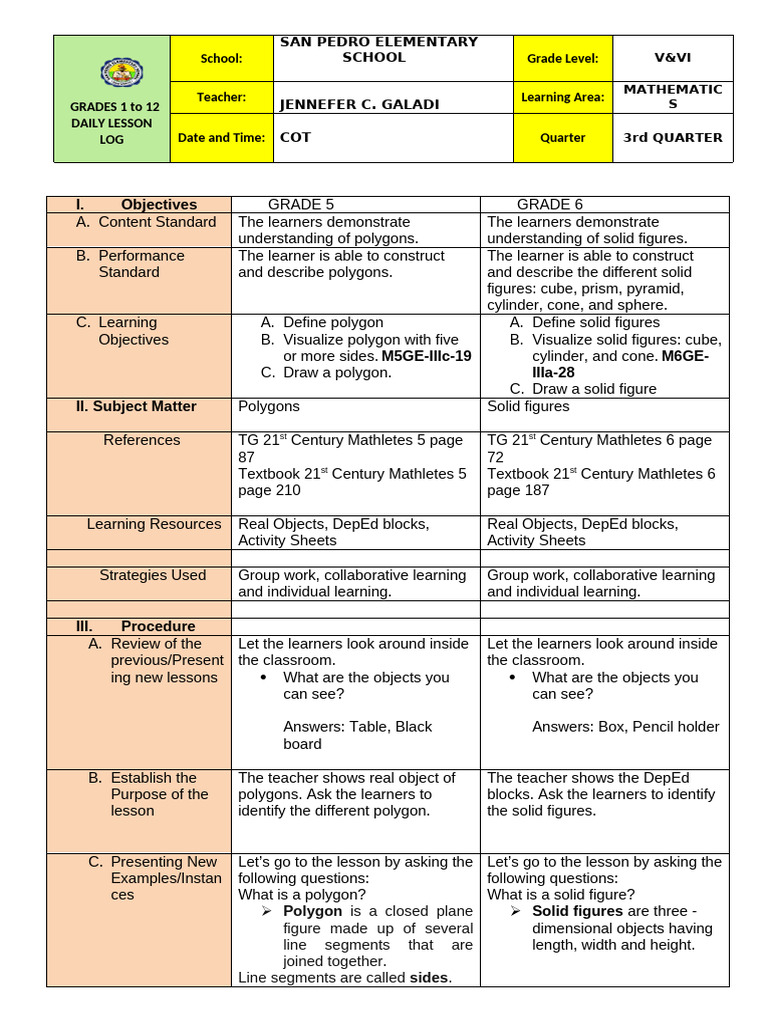 Cot GR1 - LP - Q1 - Math-1 | PDF