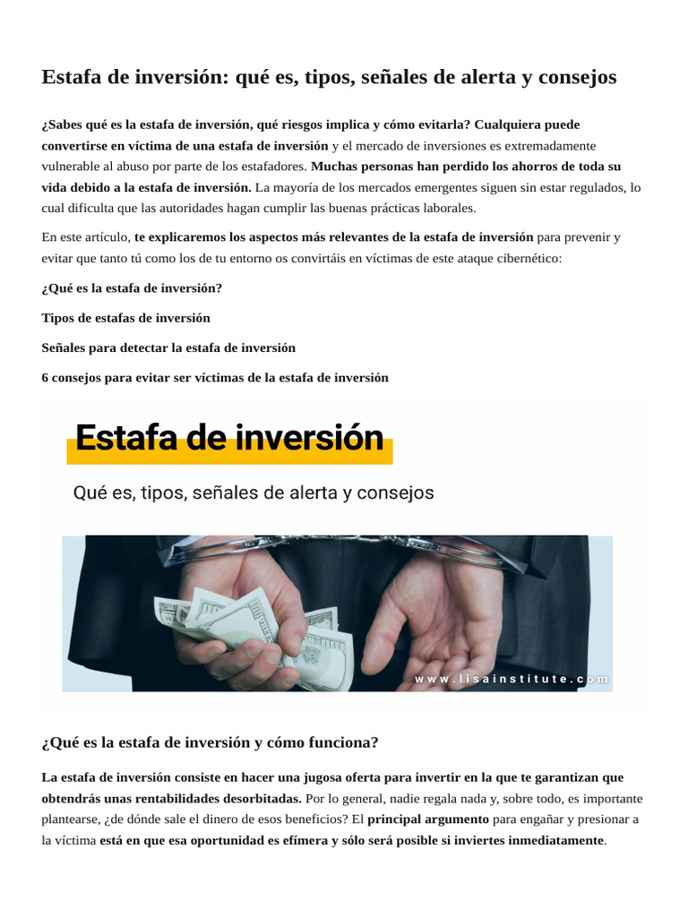 Estafa de Inversión Qué Es, Tipos, Señales de Alerta y Consejos | PDF ...