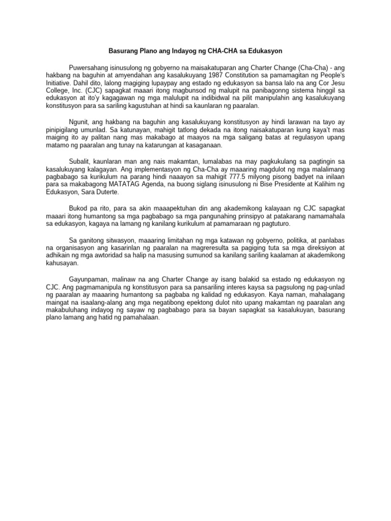 Basurang Plano Ang Indayog NG CHA-CHA | PDF