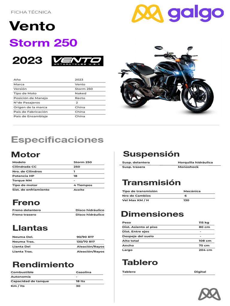 Ficha T Cnica Storm 250 2023 Galgo | PDF