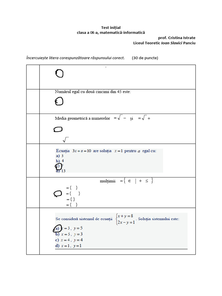 Test Initial Matematica Clasa 9 | PDF