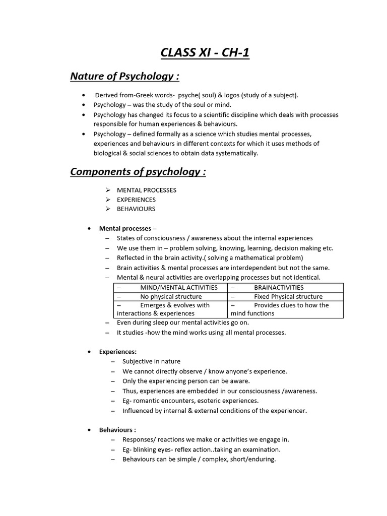 CH-1 Psychology Class Xi Notes | PDF