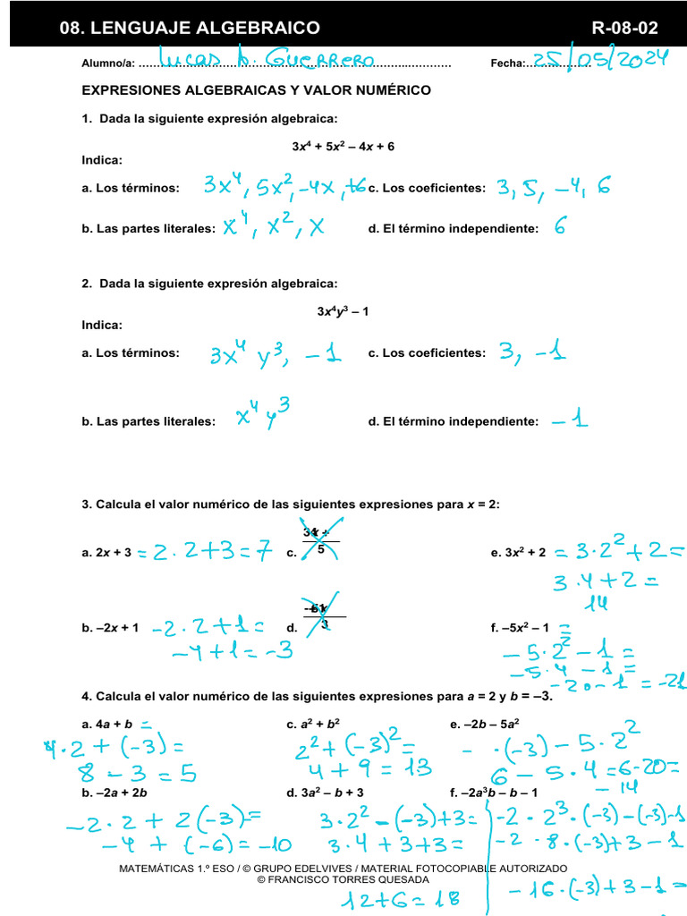 Expresiones Algebraicas y Valor Numérico | PDF