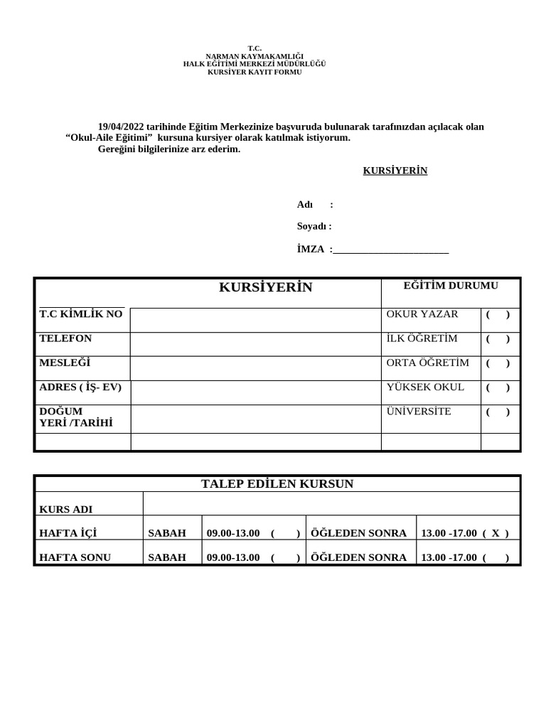 Okul Ai̇le Eği̇ti̇mi̇ Kursi̇yer Kayit Formu Halk Eği̇ti̇m | PDF