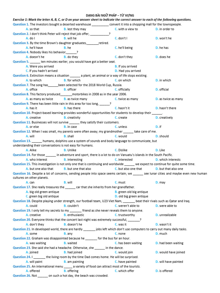 Exercise 1: Mark The Letter A, B, C, or D On Your Answer Sheet To Indicate The Correct Answer To ...