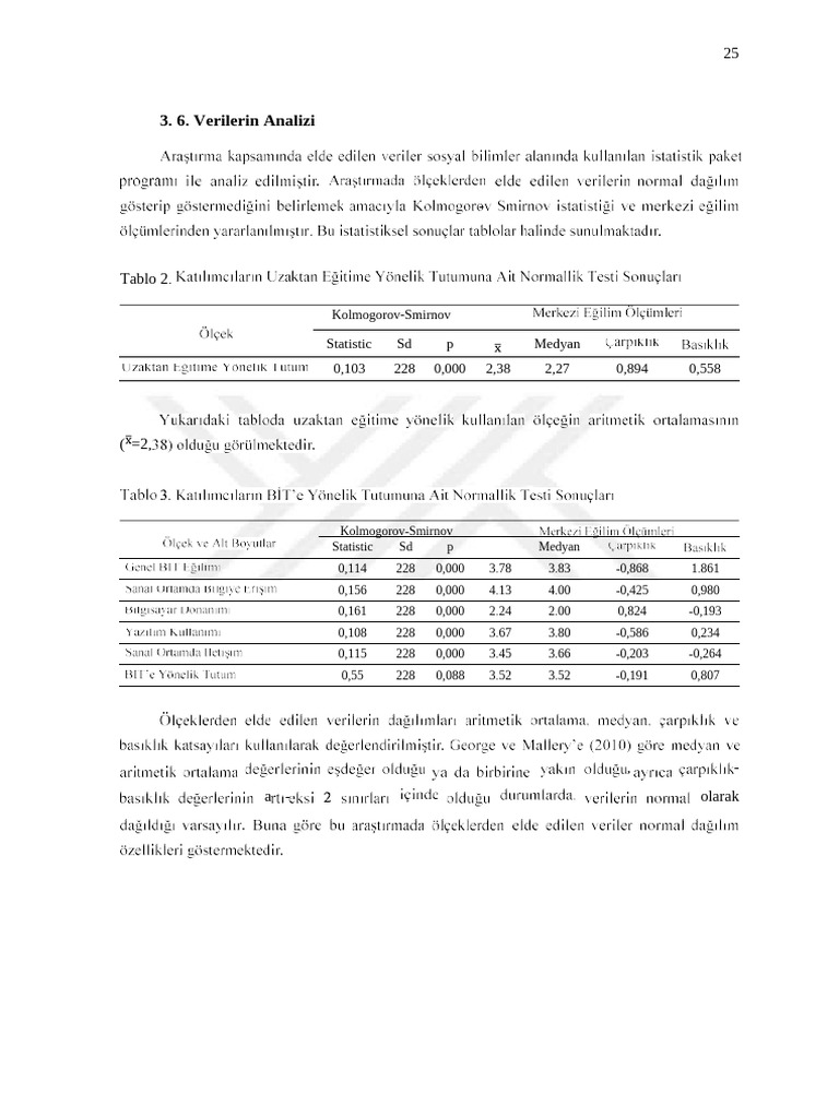 Verilerin Analizi: Kolmogorov-Smirnov Statistic SD P Medyan 0,103 228 0,000 2,38 2,27 0,894 0 ...