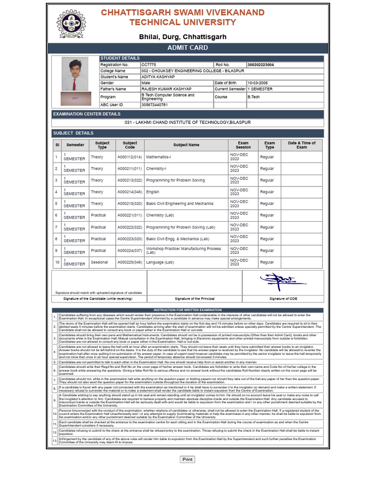 Student Admit Card | PDF