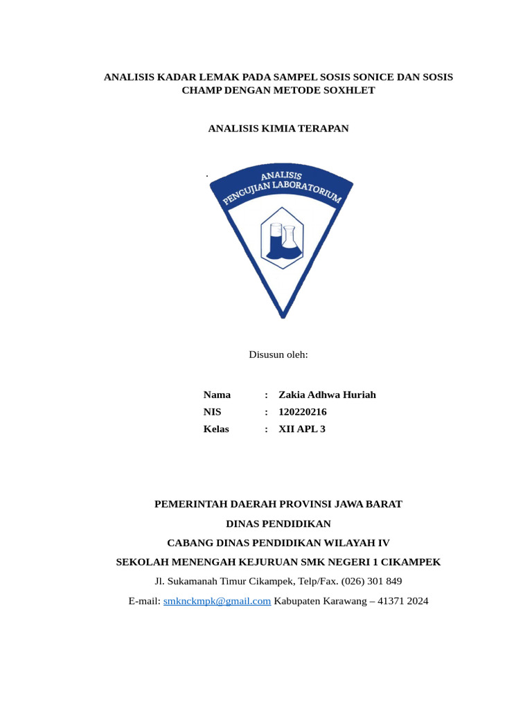 Analisis Kadar Lemak Metode Soxhlet - Zakia Xii Apl 3 | PDF