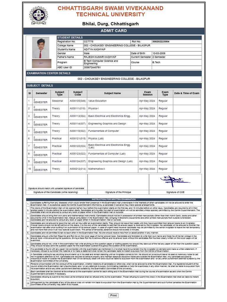 Aditya Admit Card Sem 2 | PDF