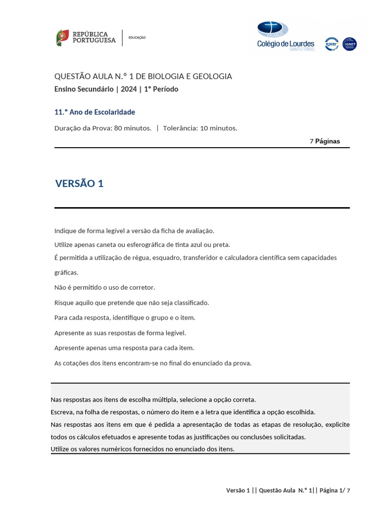 1 QA BG 11º Ano | PDF