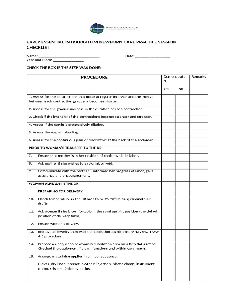 Essential Intrapartum and Newborn Care Practice Session Checklist (New ...