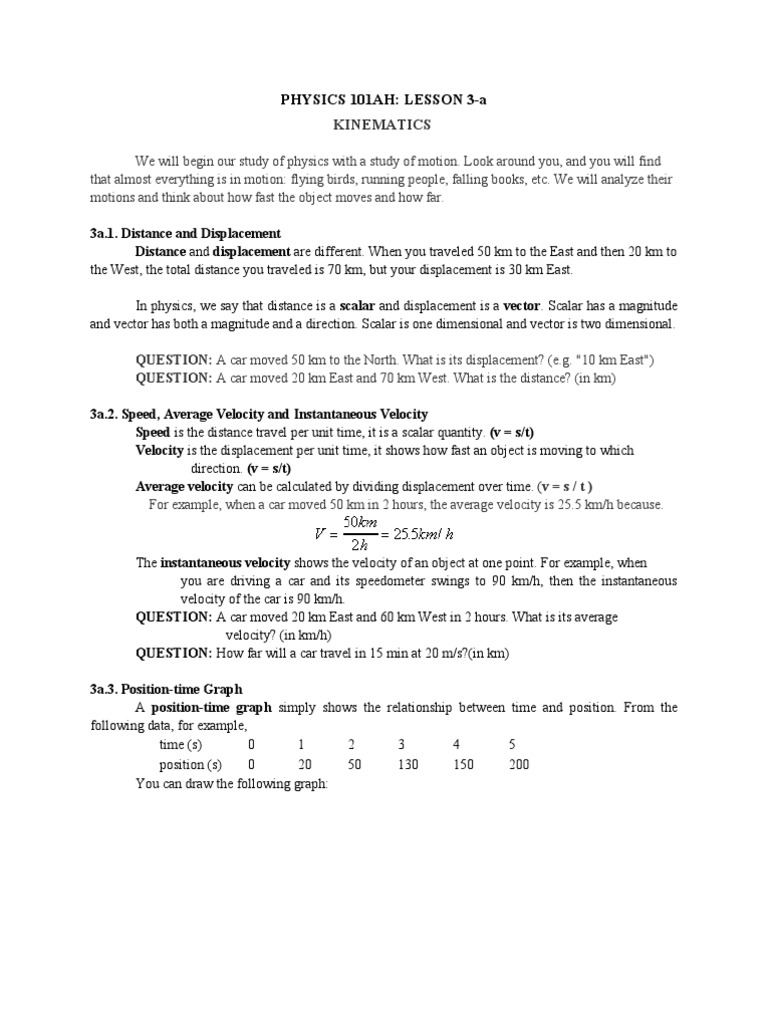 Physics 101ah - Lesson 3a | PDF | Velocity | Speed