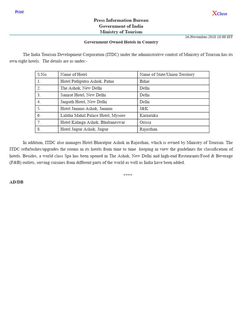 Government Owned Hotels in India | PDF