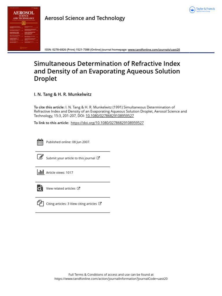 Simultaneous Determination of Refractive Index and Density of An Evaporating Aqueous Solution ...