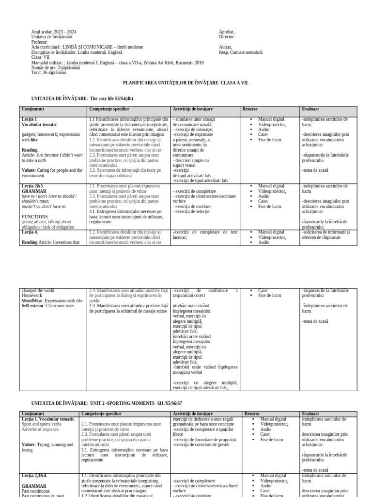 Planificare Unitati 7 2024 | PDF