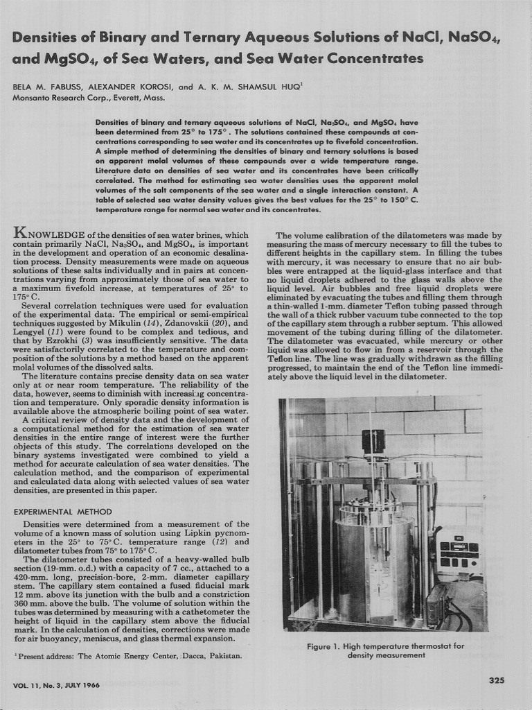 Fabuss Et Al 2002 Densities of Binary and Ternary Aqueous Solutions of ...