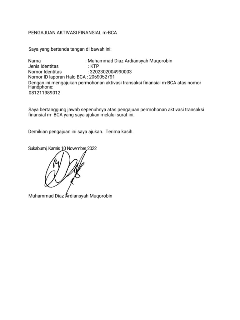 Surat Permohonan-Aktivasi-Finansial-m-BCA-melalui-Halo-BCA - 2022 - Compressed | PDF