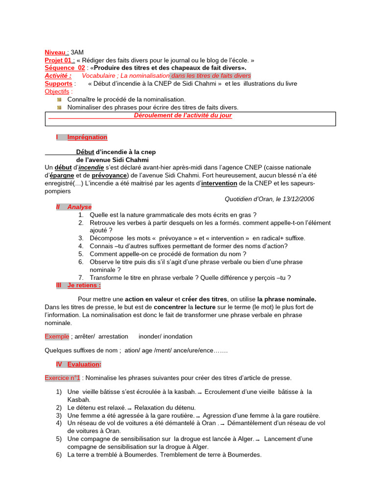 Vocabulaire La Nominalisation 3am p1s2 | PDF